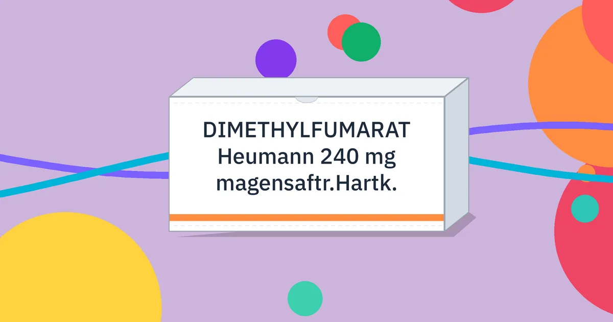 Symbolbild: Packung mit der Aufschrift DIMETHYLFUMARAT Heumann 240 mg magensaftr.Hartk. (PZN 18165279) – Verfügbarkeit und Bezug in Apotheken in Frankfurt am Main