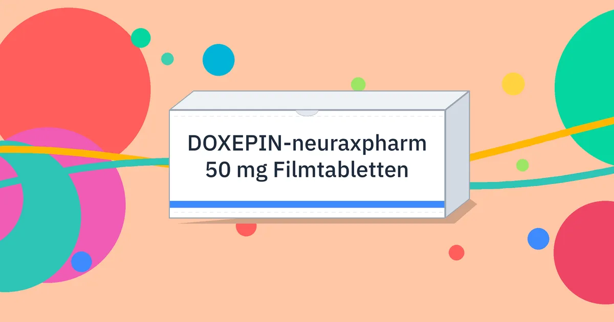 Symbolbild: Packung mit der Aufschrift DOXEPIN-neuraxpharm 50 mg Filmtabletten (PZN 04935696) – Verfügbarkeit und Bezug in Apotheken in Frankfurt am Main