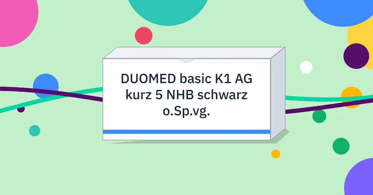 Symbolbild: Packung mit der Aufschrift DUOMED basic K1 AG kurz 5 NHB schwarz o.Sp.vg. (PZN 20904761) – Verfügbarkeit und Bezug in Apotheken in Frankfurt am Main