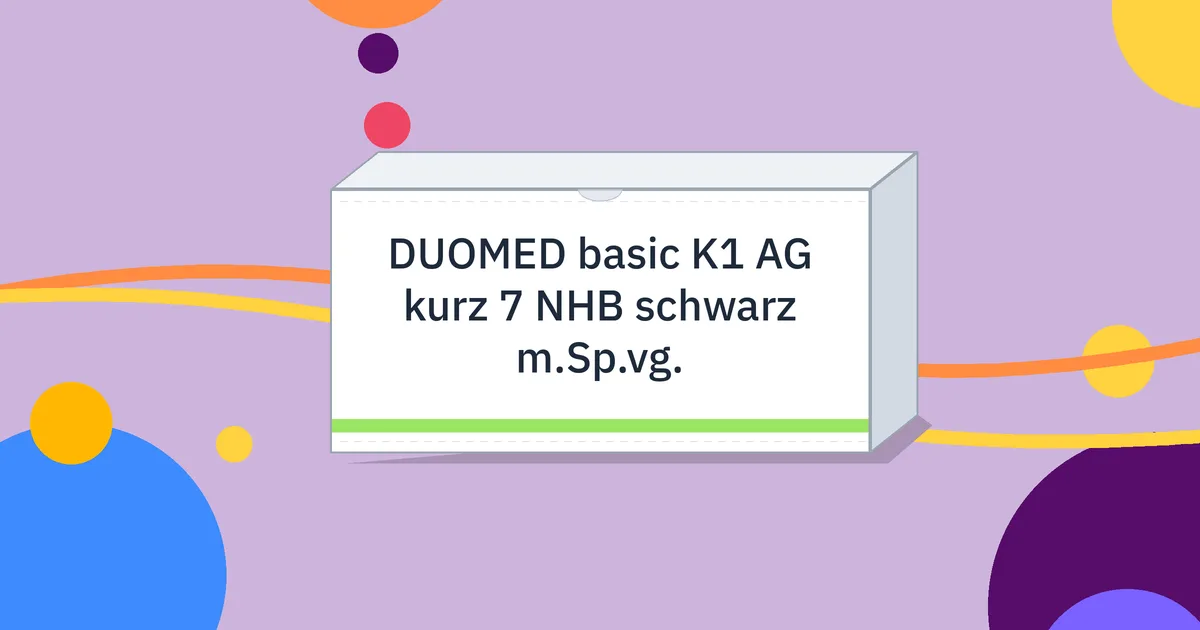 Symbolbild: Packung mit der Aufschrift DUOMED basic K1 AG kurz 7 NHB schwarz m.Sp.vg. (PZN 20904896) – Verfügbarkeit und Bezug in Apotheken in Frankfurt am Main