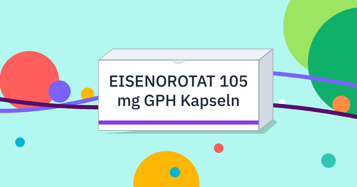 Symbolbild: Packung mit der Aufschrift EISENOROTAT 105 mg GPH Kapseln (PZN 16935425) – Verfügbarkeit und Bezug in Apotheken in Frankfurt am Main