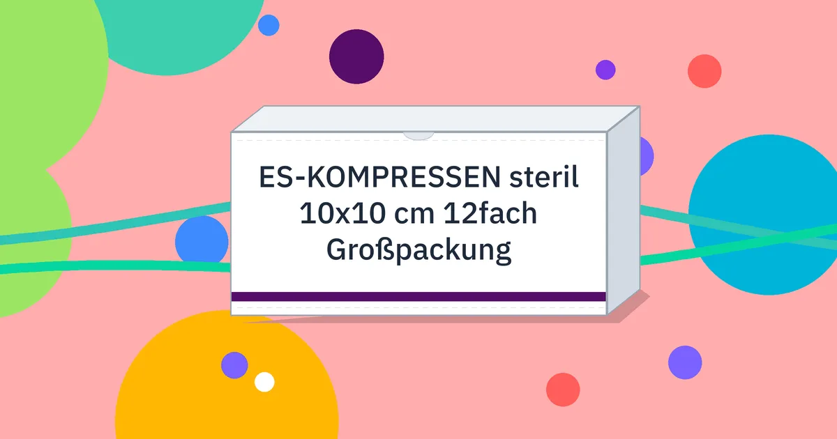 Symbolbild: Packung mit der Aufschrift ES-KOMPRESSEN steril 10x10 cm 12fach Großpackung (PZN 18364257) – Verfügbarkeit und Bezug in Apotheken in Frankfurt am Main