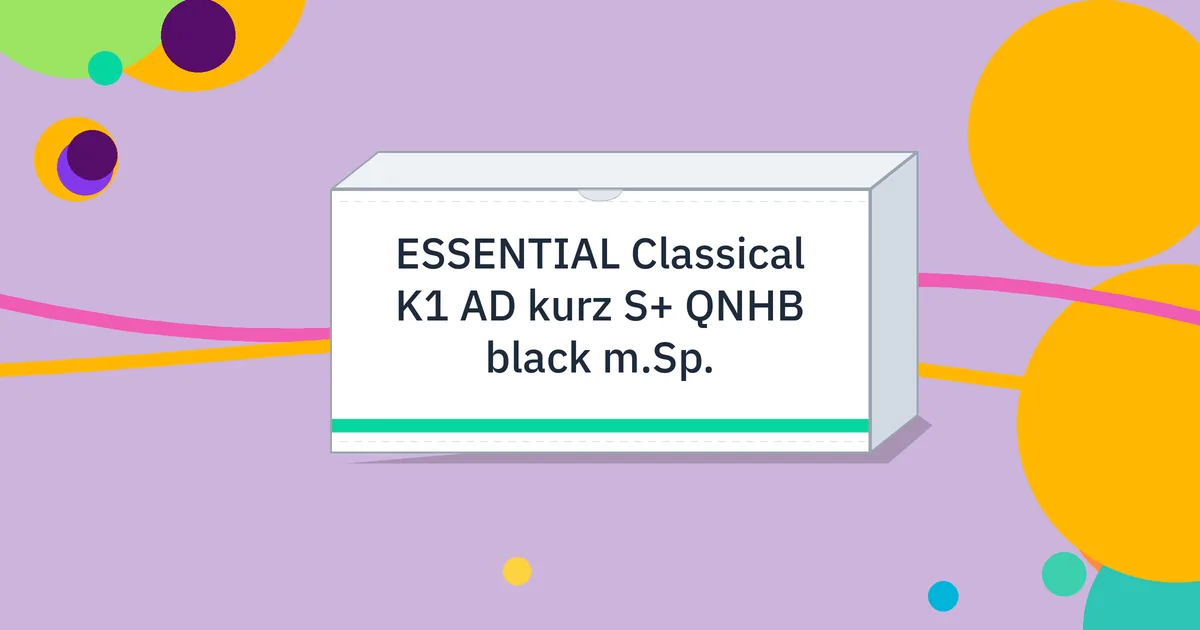 Symbolbild: Packung mit der Aufschrift ESSENTIAL Classical K1 AD kurz S+ QNHB black m.Sp. (PZN 18866740) – Verfügbarkeit und Bezug in Apotheken in Frankfurt am Main