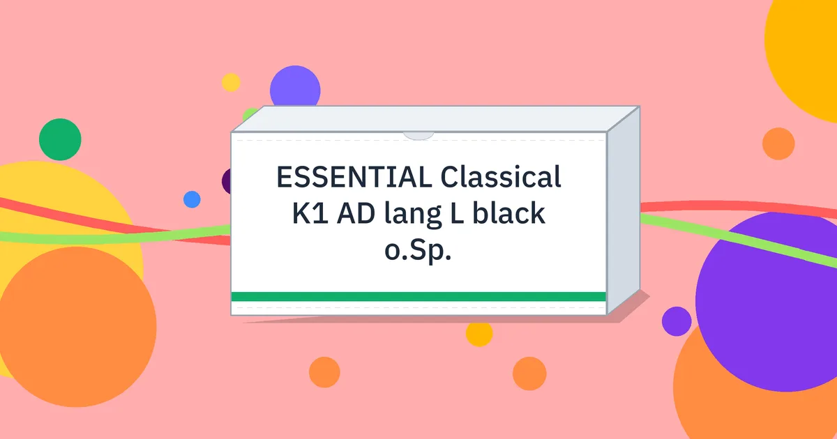Symbolbild: Packung mit der Aufschrift ESSENTIAL Classical K1 AD lang L black o.Sp. (PZN 17004189) – Verfügbarkeit und Bezug in Apotheken in Frankfurt am Main