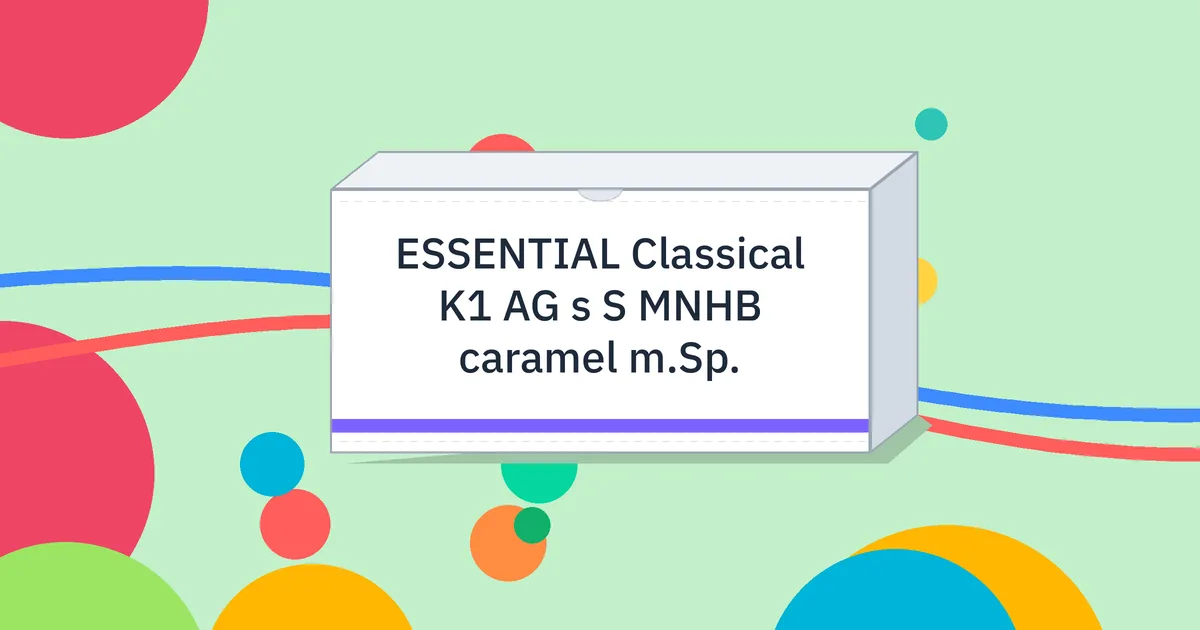 Symbolbild: Packung mit der Aufschrift ESSENTIAL Classical K1 AG s S MNHB caramel m.Sp. (PZN 19321451) – Verfügbarkeit und Bezug in Apotheken in Frankfurt am Main