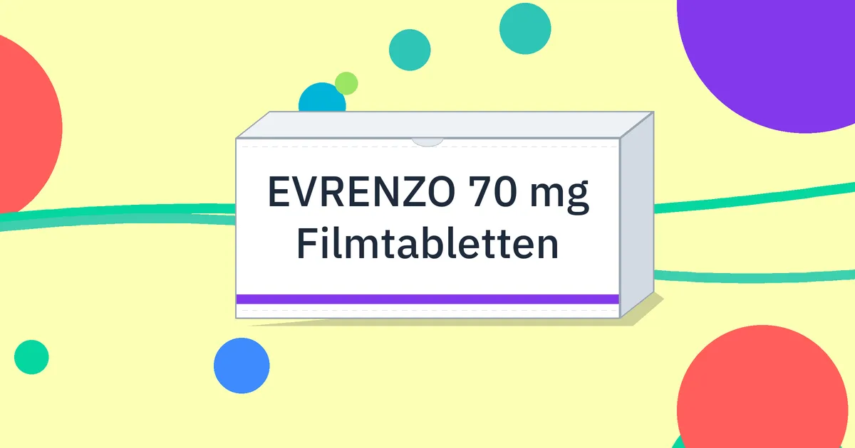 Symbolbild: Packung mit der Aufschrift EVRENZO 70 mg Filmtabletten (PZN 20410906) – Verfügbarkeit und Bezug in Apotheken in Frankfurt am Main