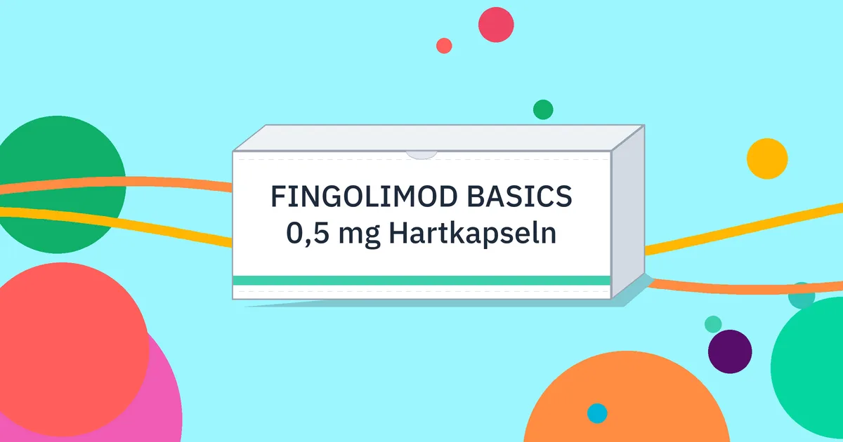 Symbolbild: Packung mit der Aufschrift FINGOLIMOD BASICS 0,5 mg Hartkapseln (PZN 16779586) – Verfügbarkeit und Bezug in Apotheken in Frankfurt am Main