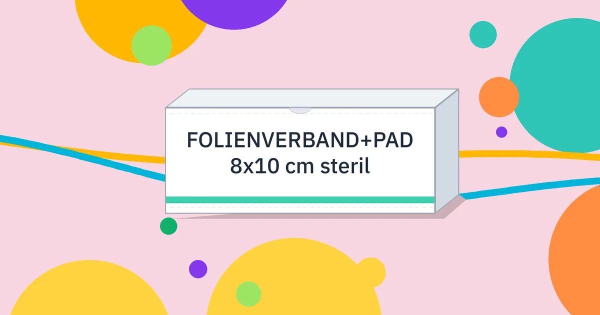 Symbolbild: Packung mit der Aufschrift FOLIENVERBAND+PAD 8x10 cm steril (PZN 17558692) – Verfügbarkeit und Bezug in Apotheken in Frankfurt am Main