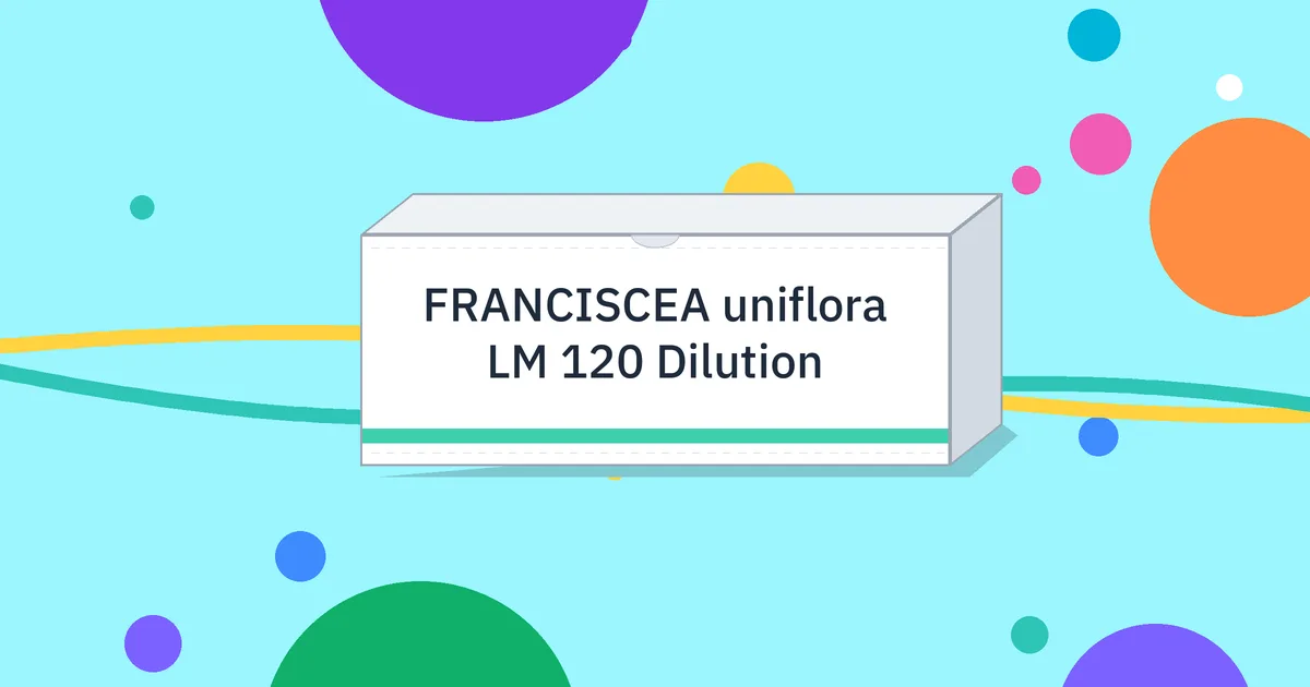 Symbolbild: Packung mit der Aufschrift FRANCISCEA uniflora LM 120 Dilution (PZN 13491436) – Verfügbarkeit und Bezug in Apotheken in Frankfurt am Main
