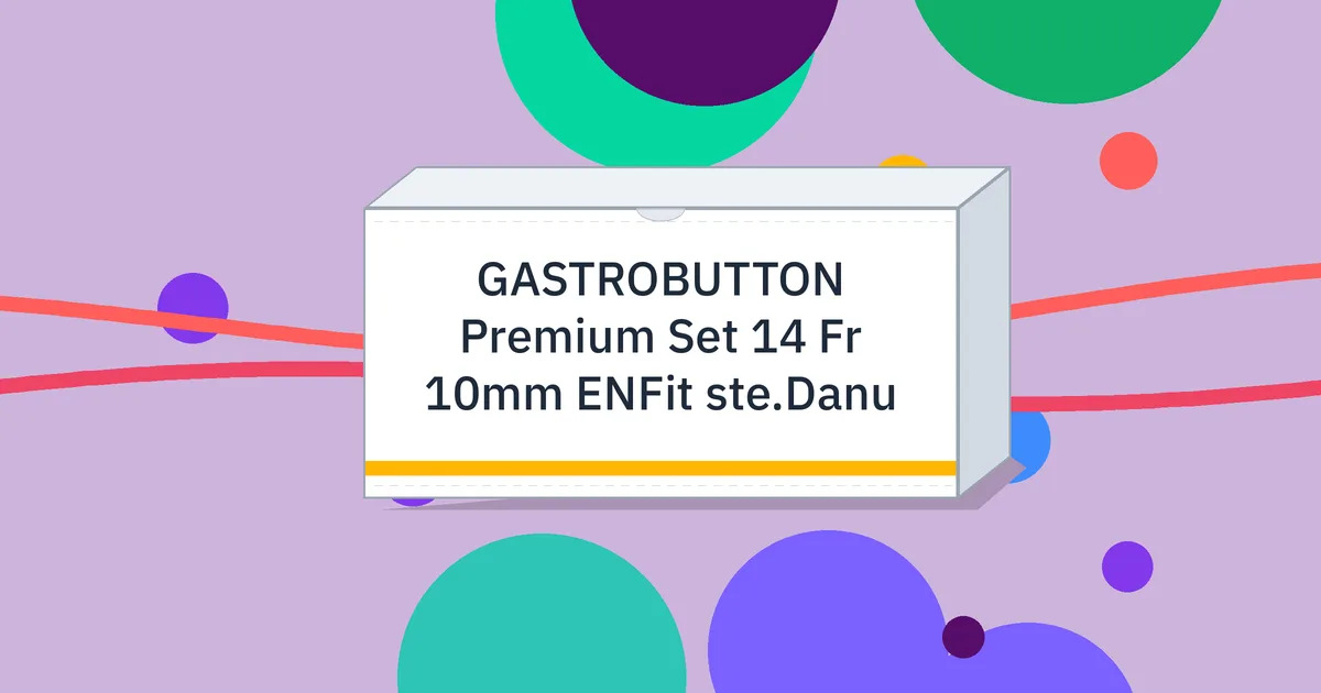 Symbolbild: Packung mit der Aufschrift GASTROBUTTON Premium Set 14 Fr 10mm ENFit ste.Danu (PZN 16883384) – Verfügbarkeit und Bezug in Apotheken in Frankfurt am Main