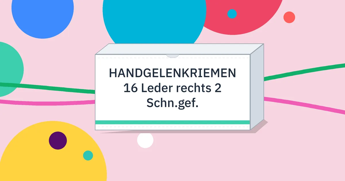 Symbolbild: Packung mit der Aufschrift HANDGELENKRIEMEN 16 Leder rechts 2 Schn.gef. (PZN 03230255) – Verfügbarkeit und Bezug in Apotheken in Frankfurt am Main
