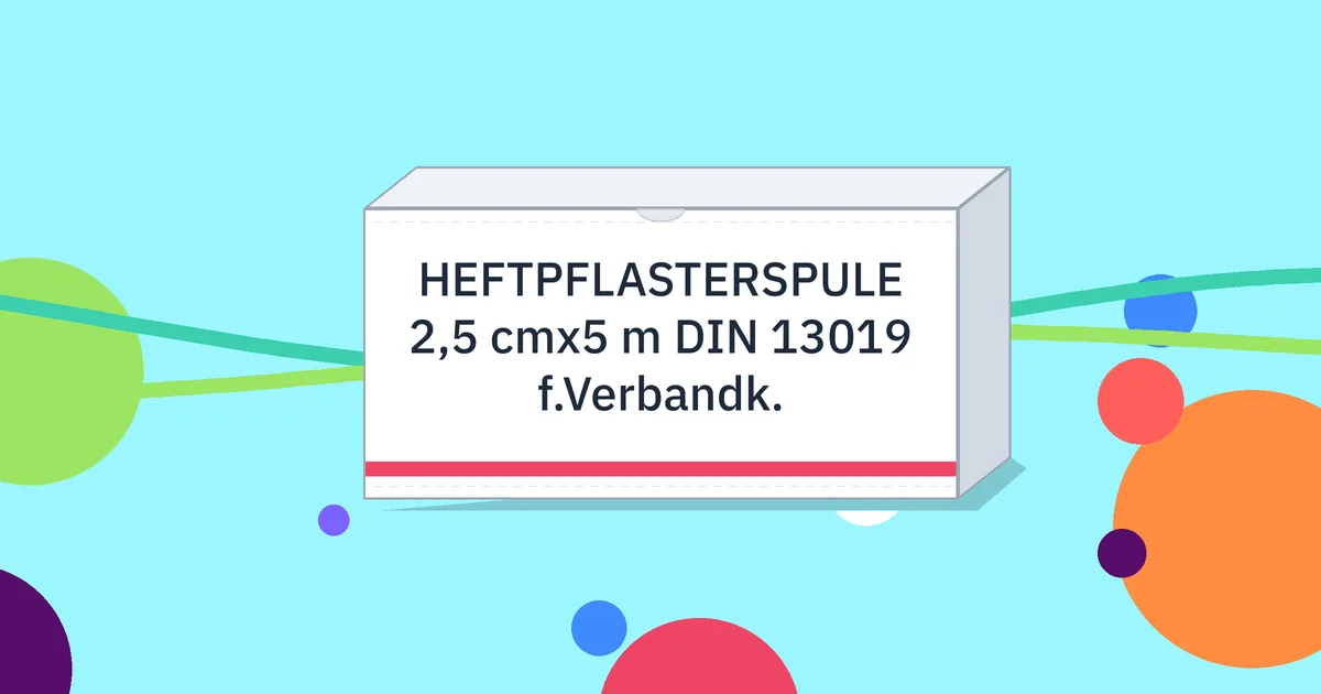 Symbolbild: Packung mit der Aufschrift HEFTPFLASTERSPULE 2,5 cmx5 m DIN 13019 f.Verbandk. (PZN 13058231) – Verfügbarkeit und Bezug in Apotheken in Frankfurt am Main