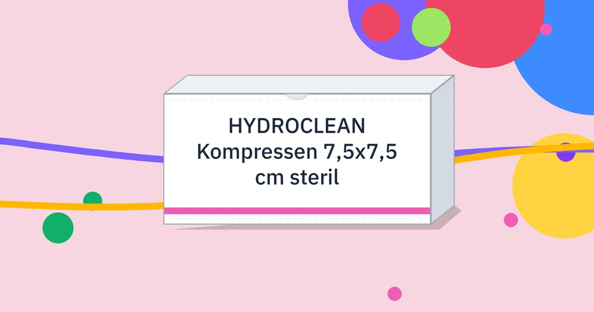 Symbolbild: Packung mit der Aufschrift HYDROCLEAN Kompressen 7,5x7,5 cm steril (PZN 18152561) – Verfügbarkeit und Bezug in Apotheken in Frankfurt am Main