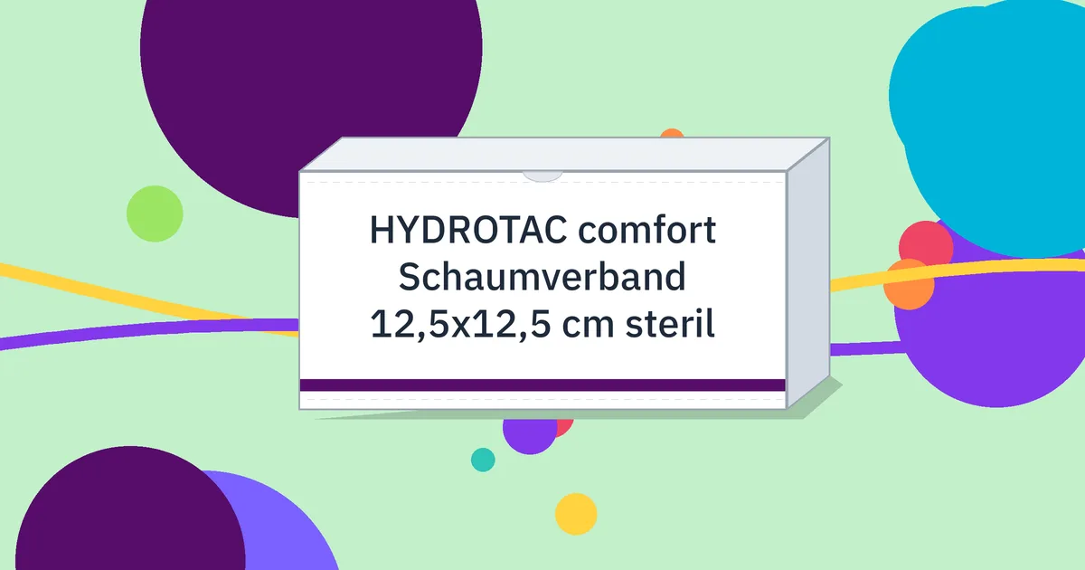 Symbolbild: Packung mit der Aufschrift HYDROTAC comfort Schaumverband 12,5x12,5 cm steril (PZN 10995751) – Verfügbarkeit und Bezug in Apotheken in Frankfurt am Main