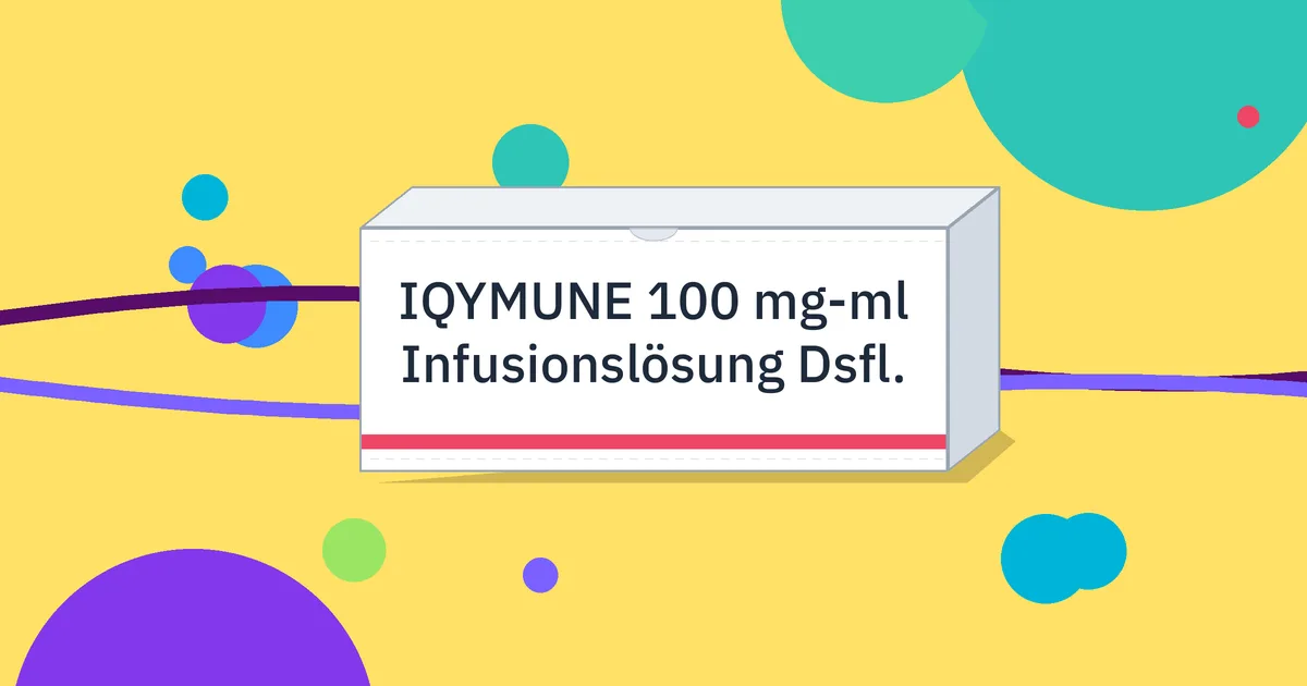 Symbolbild: Packung mit der Aufschrift IQYMUNE 100 mg-ml Infusionslösung Dsfl. (PZN 11510626) – Verfügbarkeit und Bezug in Apotheken in Frankfurt am Main
