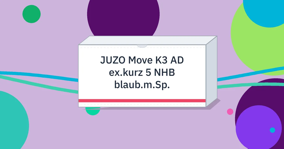 Symbolbild: Packung mit der Aufschrift JUZO Move K3 AD ex.kurz 5 NHB blaub.m.Sp. (PZN 18573392) – Verfügbarkeit und Bezug in Apotheken in Frankfurt am Main