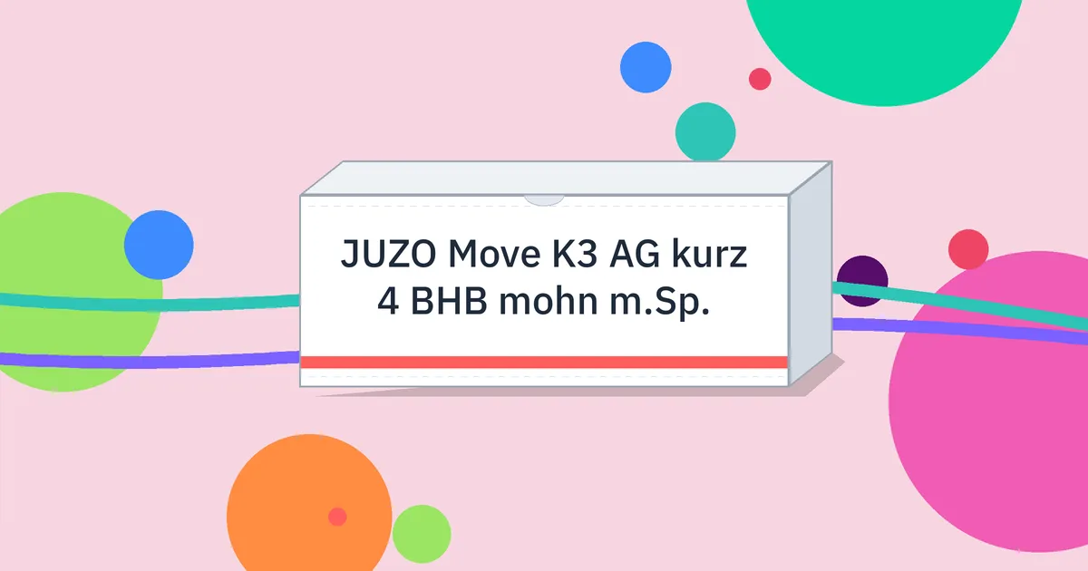 Symbolbild: Packung mit der Aufschrift JUZO Move K3 AG kurz 4 BHB mohn m.Sp. (PZN 18591496) – Verfügbarkeit und Bezug in Apotheken in Frankfurt am Main