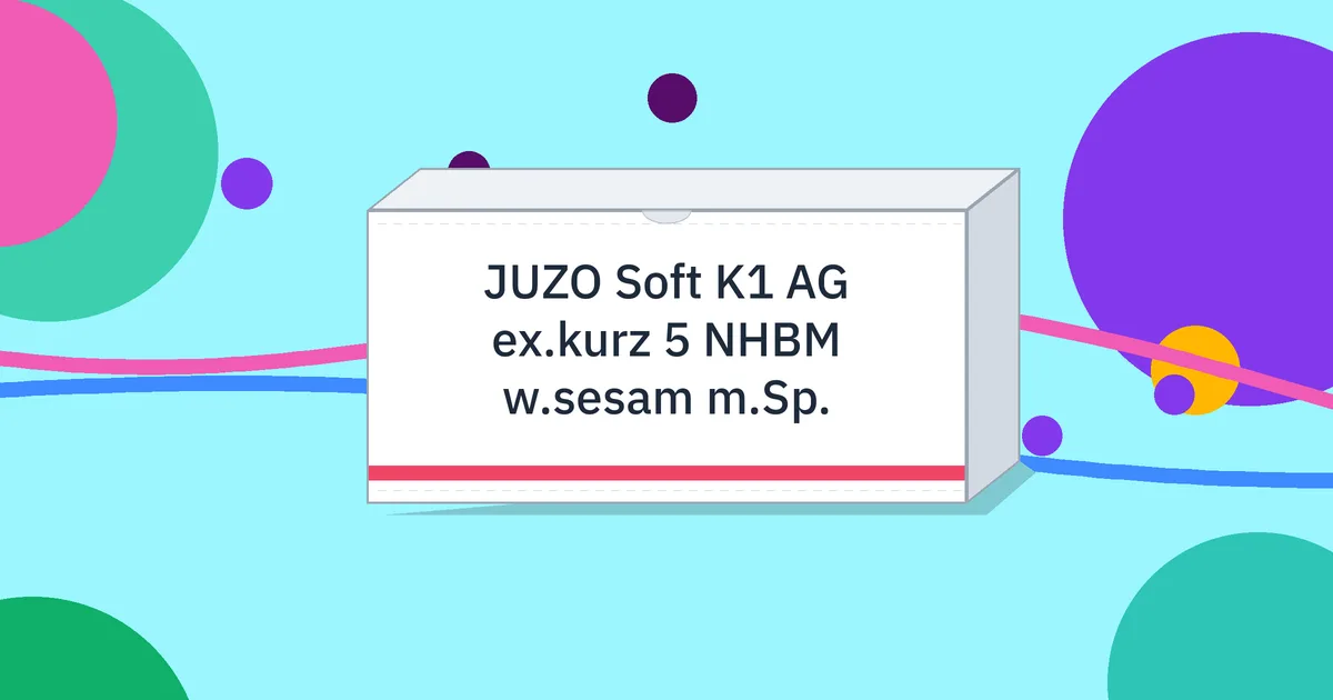 Symbolbild: Packung mit der Aufschrift JUZO Soft K1 AG ex.kurz 5 NHBM w.sesam m.Sp. (PZN 15017986) – Verfügbarkeit und Bezug in Apotheken in Frankfurt am Main