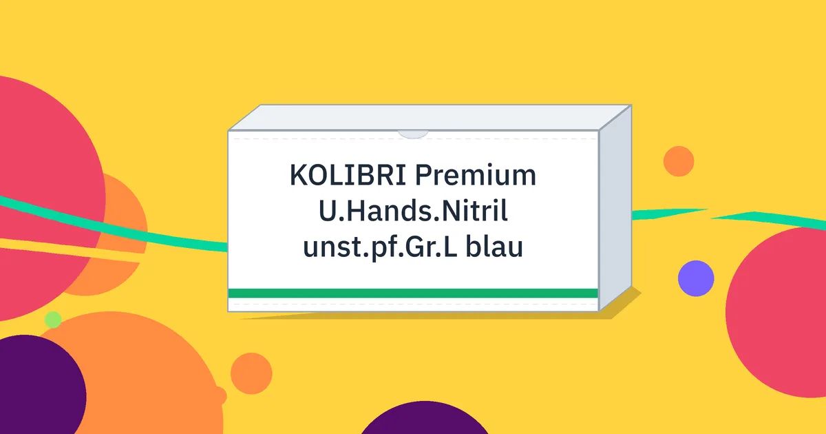 Symbolbild: Packung mit der Aufschrift KOLIBRI Premium U.Hands.Nitril unst.pf.Gr.L blau (PZN 15564659) – Verfügbarkeit und Bezug in Apotheken in Frankfurt am Main