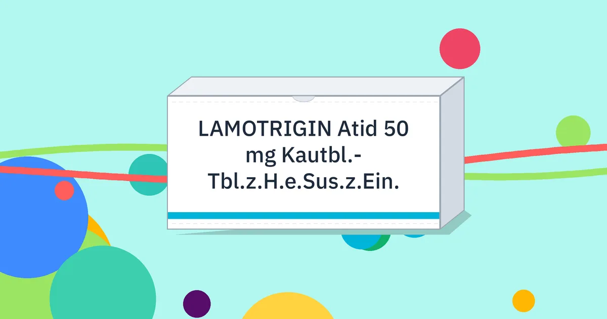 Symbolbild: Packung mit der Aufschrift LAMOTRIGIN Atid 50 mg Kautbl.-Tbl.z.H.e.Sus.z.Ein. (PZN 04306457) – Verfügbarkeit und Bezug in Apotheken in Frankfurt am Main