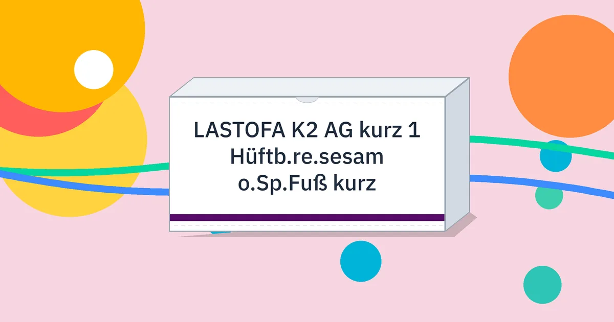Symbolbild: Packung mit der Aufschrift LASTOFA K2 AG kurz 1 Hüftb.re.sesam o.Sp.Fuß kurz (PZN 13810628) – Verfügbarkeit und Bezug in Apotheken in Frankfurt am Main