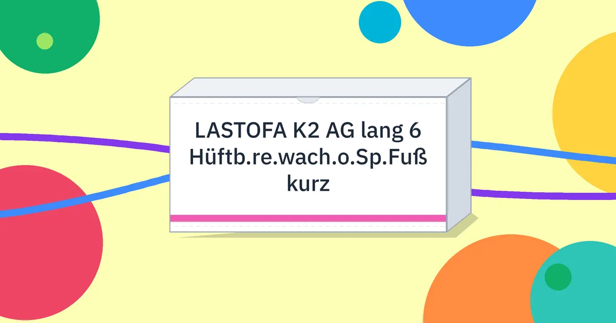Symbolbild: Packung mit der Aufschrift LASTOFA K2 AG lang 6 Hüftb.re.wach.o.Sp.Fuß kurz (PZN 13812314) – Verfügbarkeit und Bezug in Apotheken in Frankfurt am Main