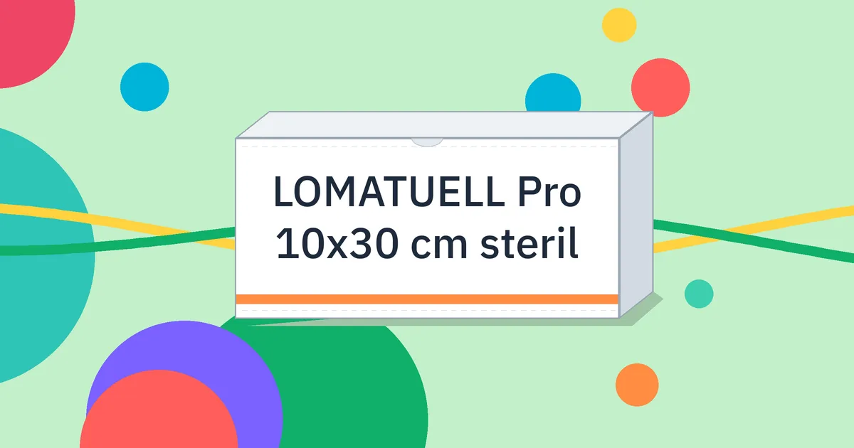 Symbolbild: Packung mit der Aufschrift LOMATUELL Pro 10x30 cm steril (PZN 15201709) – Verfügbarkeit und Bezug in Apotheken in Frankfurt am Main