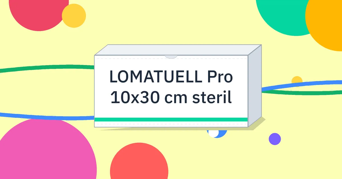Symbolbild: Packung mit der Aufschrift LOMATUELL Pro 10x30 cm steril (PZN 16123437) – Verfügbarkeit und Bezug in Apotheken in Frankfurt am Main