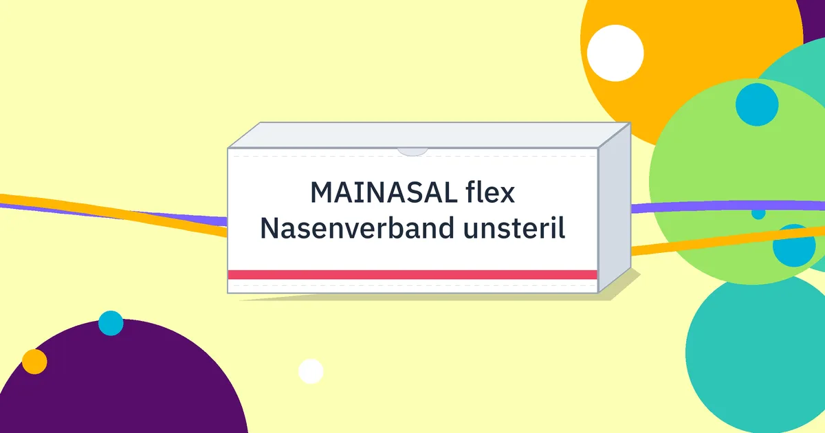 Symbolbild: Packung mit der Aufschrift MAINASAL flex Nasenverband unsteril (PZN 04387496) – Verfügbarkeit und Bezug in Apotheken in Frankfurt am Main