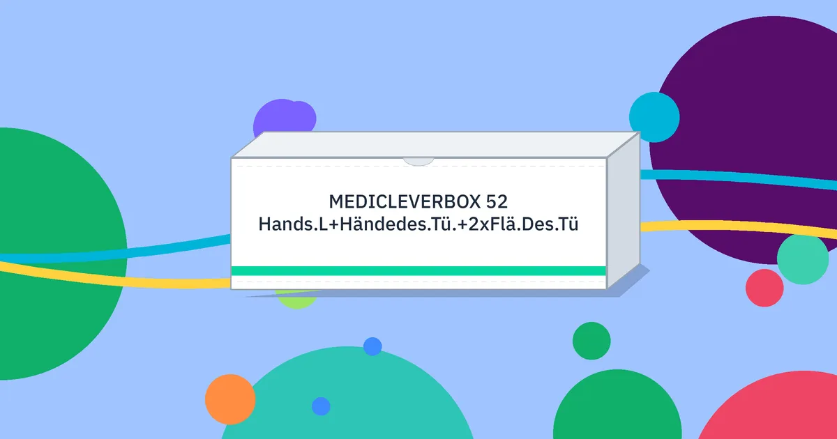 Symbolbild: Packung mit der Aufschrift MEDICLEVERBOX 52 Hands.L+Händedes.Tü.+2xFlä.Des.Tü (PZN 19335631) – Verfügbarkeit und Bezug in Apotheken in Frankfurt am Main