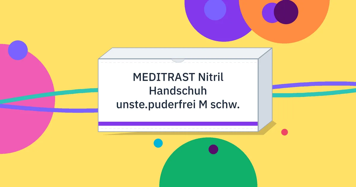 Symbolbild: Packung mit der Aufschrift MEDITRAST Nitril Handschuh unste.puderfrei M schw. (PZN 13510903) – Verfügbarkeit und Bezug in Apotheken in Frankfurt am Main