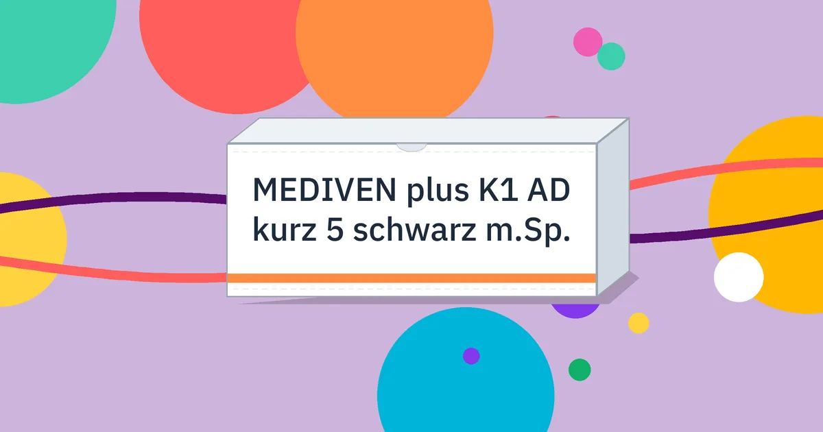 Symbolbild: Packung mit der Aufschrift MEDIVEN plus K1 AD kurz 5 schwarz m.Sp. (PZN 14181749) – Verfügbarkeit und Bezug in Apotheken in Frankfurt am Main