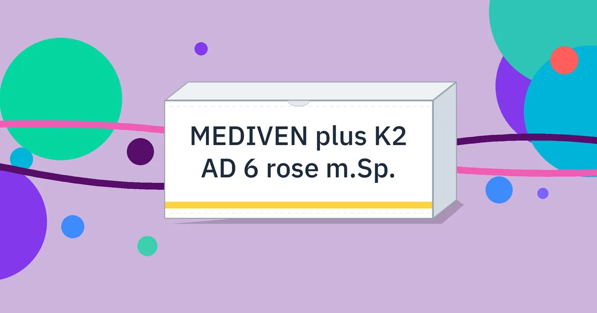 Symbolbild: Packung mit der Aufschrift MEDIVEN plus K2 AD 6 rose m.Sp. (PZN 15093131) – Verfügbarkeit und Bezug in Apotheken in Frankfurt am Main