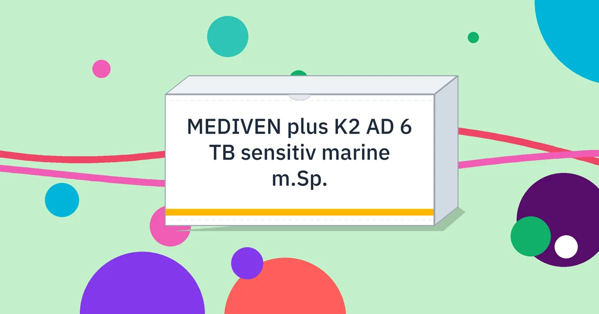Symbolbild: Packung mit der Aufschrift MEDIVEN plus K2 AD 6 TB sensitiv marine m.Sp. (PZN 15104426) – Verfügbarkeit und Bezug in Apotheken in Frankfurt am Main