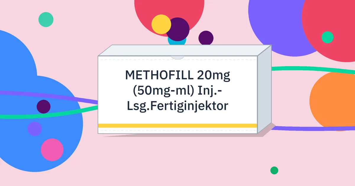 Symbolbild: Packung mit der Aufschrift METHOFILL 20mg (50mg-ml) Inj.-Lsg.Fertiginjektor (PZN 18660955) – Verfügbarkeit und Bezug in Apotheken in Frankfurt am Main