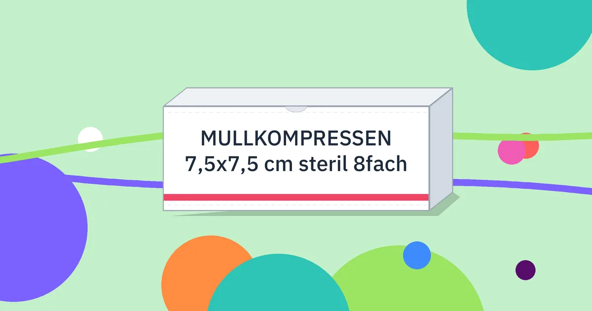 Symbolbild: Packung mit der Aufschrift MULLKOMPRESSEN 7,5x7,5 cm steril 8fach (PZN 07385782) – Verfügbarkeit und Bezug in Apotheken in Frankfurt am Main