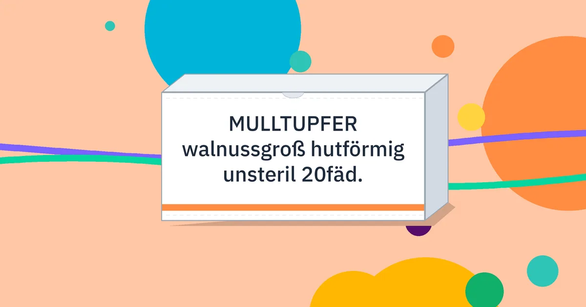 Symbolbild: Packung mit der Aufschrift MULLTUPFER walnussgroß hutförmig unsteril 20fäd. (PZN 04493927) – Verfügbarkeit und Bezug in Apotheken in Frankfurt am Main