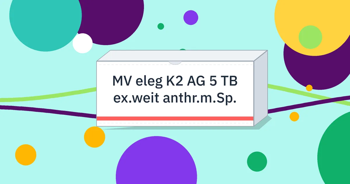 Symbolbild: Packung mit der Aufschrift MV eleg K2 AG 5 TB ex.weit anthr.m.Sp. (PZN 09877319) – Verfügbarkeit und Bezug in Apotheken in Frankfurt am Main