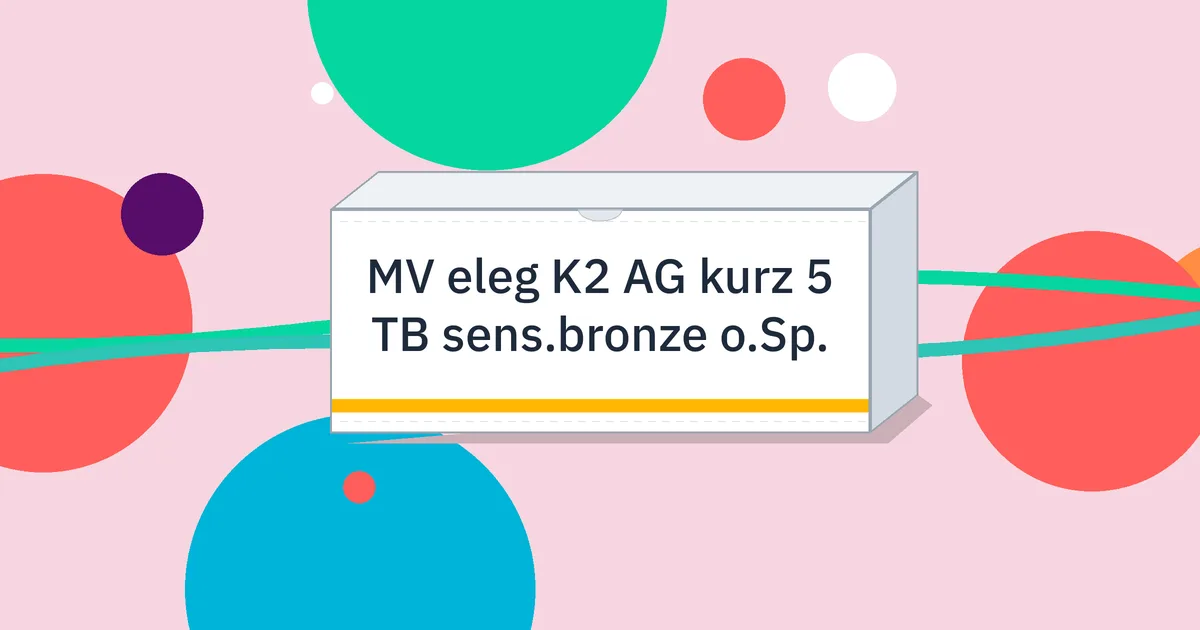 Symbolbild: Packung mit der Aufschrift MV eleg K2 AG kurz 5 TB sens.bronze o.Sp. (PZN 14716498) – Verfügbarkeit und Bezug in Apotheken in Frankfurt am Main