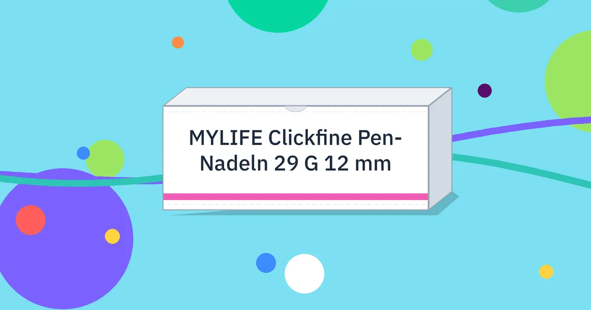 Symbolbild: Packung mit der Aufschrift MYLIFE Clickfine Pen-Nadeln 29 G 12 mm (PZN 09897807) – Verfügbarkeit und Bezug in Apotheken in Frankfurt am Main