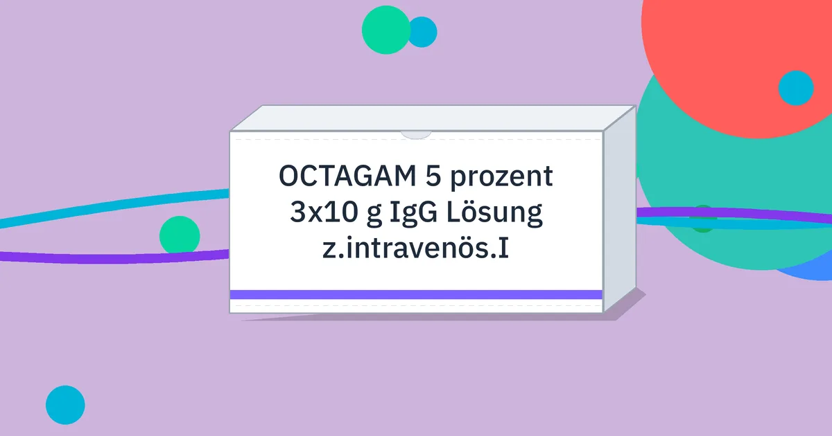 Symbolbild: Packung mit der Aufschrift OCTAGAM 5 prozent 3x10 g IgG Lösung z.intravenös.I (PZN 20578557) – Verfügbarkeit und Bezug in Apotheken in Frankfurt am Main
