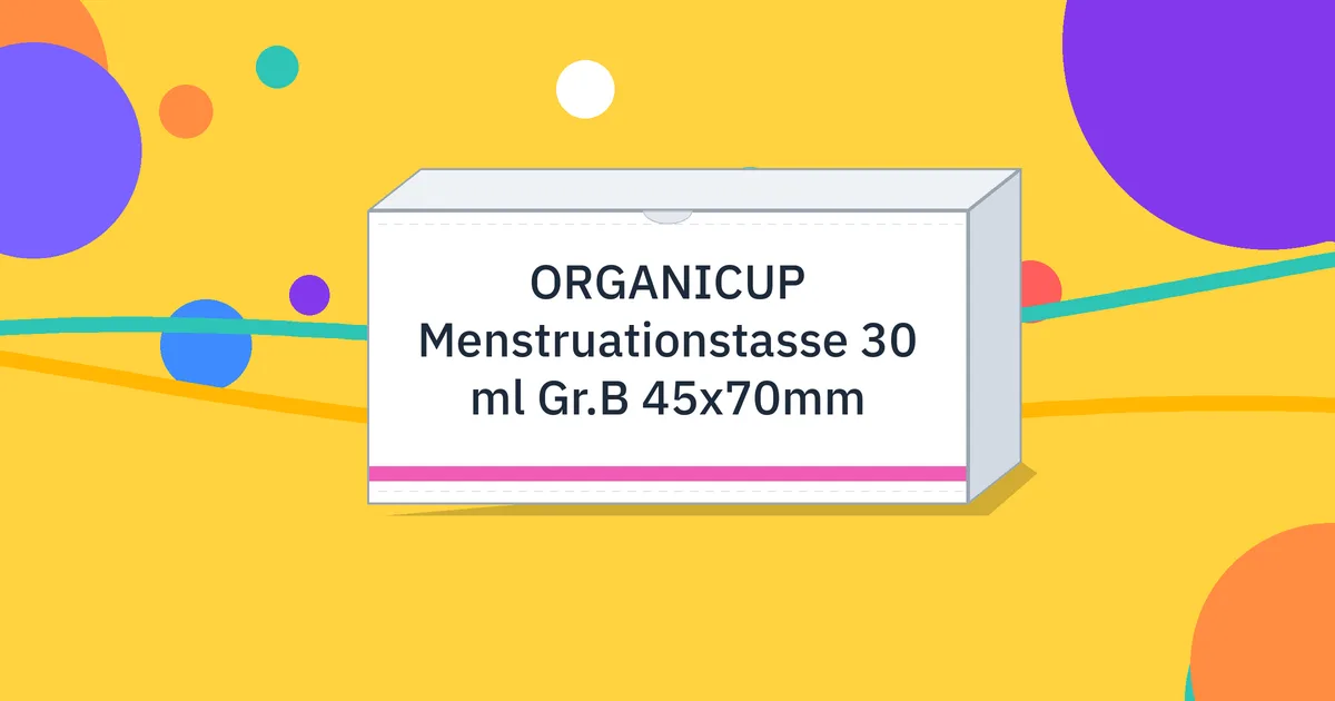 Symbolbild: Packung mit der Aufschrift ORGANICUP Menstruationstasse 30 ml Gr.B 45x70mm (PZN 16740070) – Verfügbarkeit und Bezug in Apotheken in Frankfurt am Main