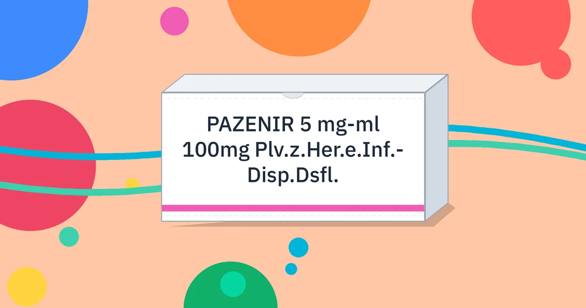 Symbolbild: Packung mit der Aufschrift PAZENIR 5 mg-ml 100mg Plv.z.Her.e.Inf.-Disp.Dsfl. (PZN 14375146) – Verfügbarkeit und Bezug in Apotheken in Frankfurt am Main