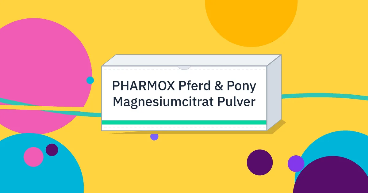 Symbolbild: Packung mit der Aufschrift PHARMOX Pferd & Pony Magnesiumcitrat Pulver (PZN 17890506) – Verfügbarkeit und Bezug in Apotheken in Frankfurt am Main