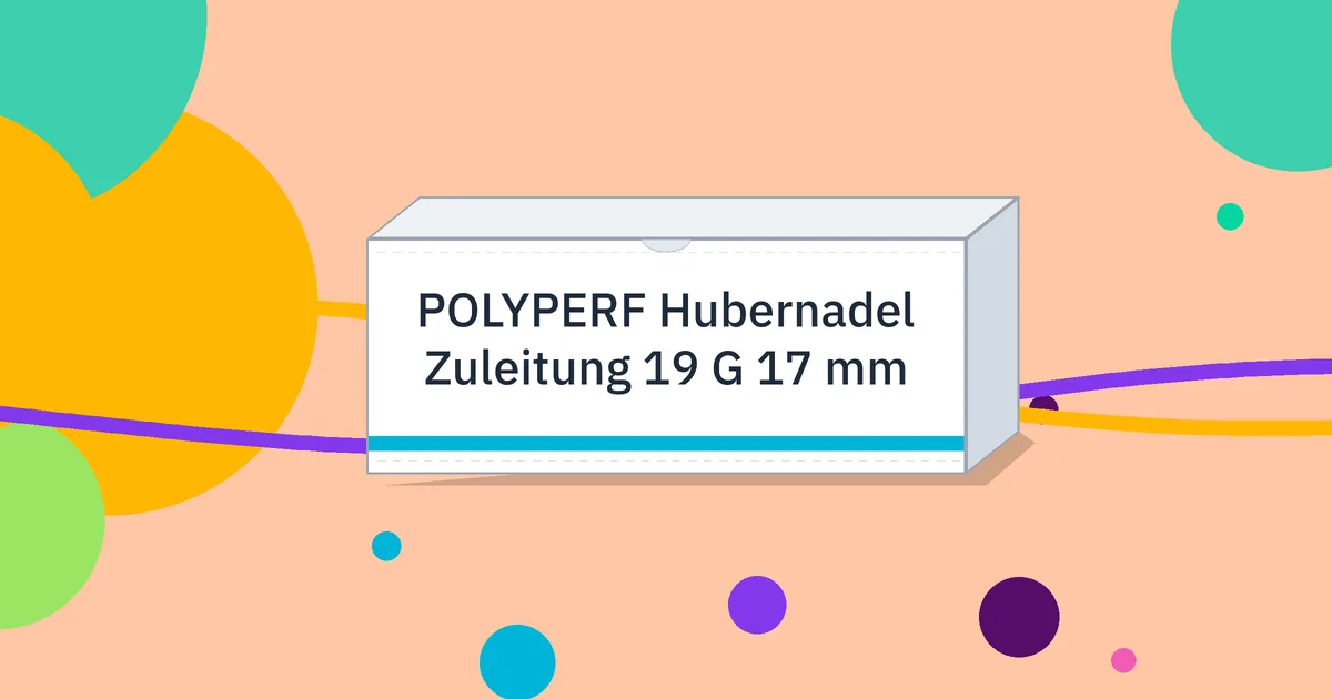 Symbolbild: Packung mit der Aufschrift POLYPERF Hubernadel Zuleitung 19 G 17 mm (PZN 12426052) – Verfügbarkeit und Bezug in Apotheken in Frankfurt am Main