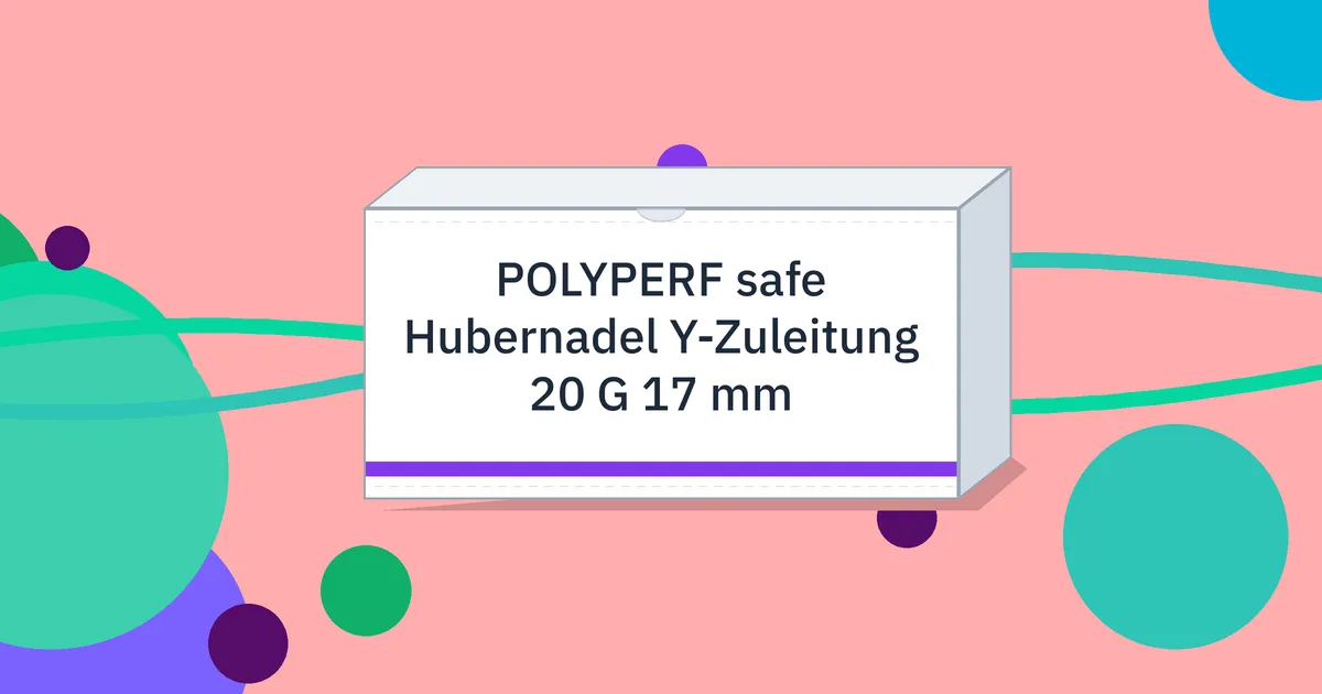 Symbolbild: Packung mit der Aufschrift POLYPERF safe Hubernadel Y-Zuleitung 20 G 17 mm (PZN 18113928) – Verfügbarkeit und Bezug in Apotheken in Frankfurt am Main