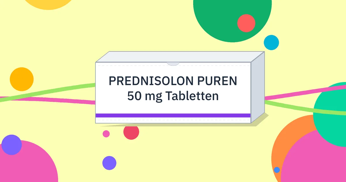 Symbolbild: Packung mit der Aufschrift PREDNISOLON PUREN 50 mg Tabletten (PZN 19824258) – Verfügbarkeit und Bezug in Apotheken in Frankfurt am Main