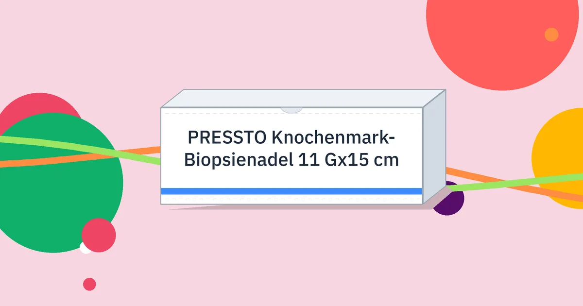 Symbolbild: Packung mit der Aufschrift PRESSTO Knochenmark-Biopsienadel 11 Gx15 cm (PZN 14384168) – Verfügbarkeit und Bezug in Apotheken in Frankfurt am Main