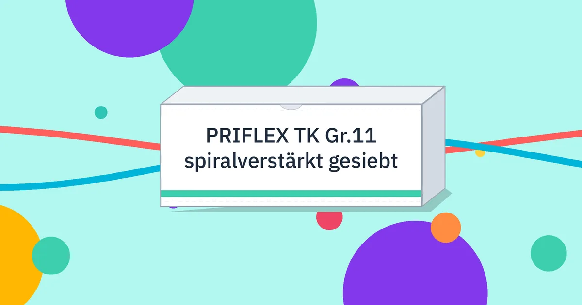 Symbolbild: Packung mit der Aufschrift PRIFLEX TK Gr.11 spiralverstärkt gesiebt (PZN 10287534) – Verfügbarkeit und Bezug in Apotheken in Frankfurt am Main
