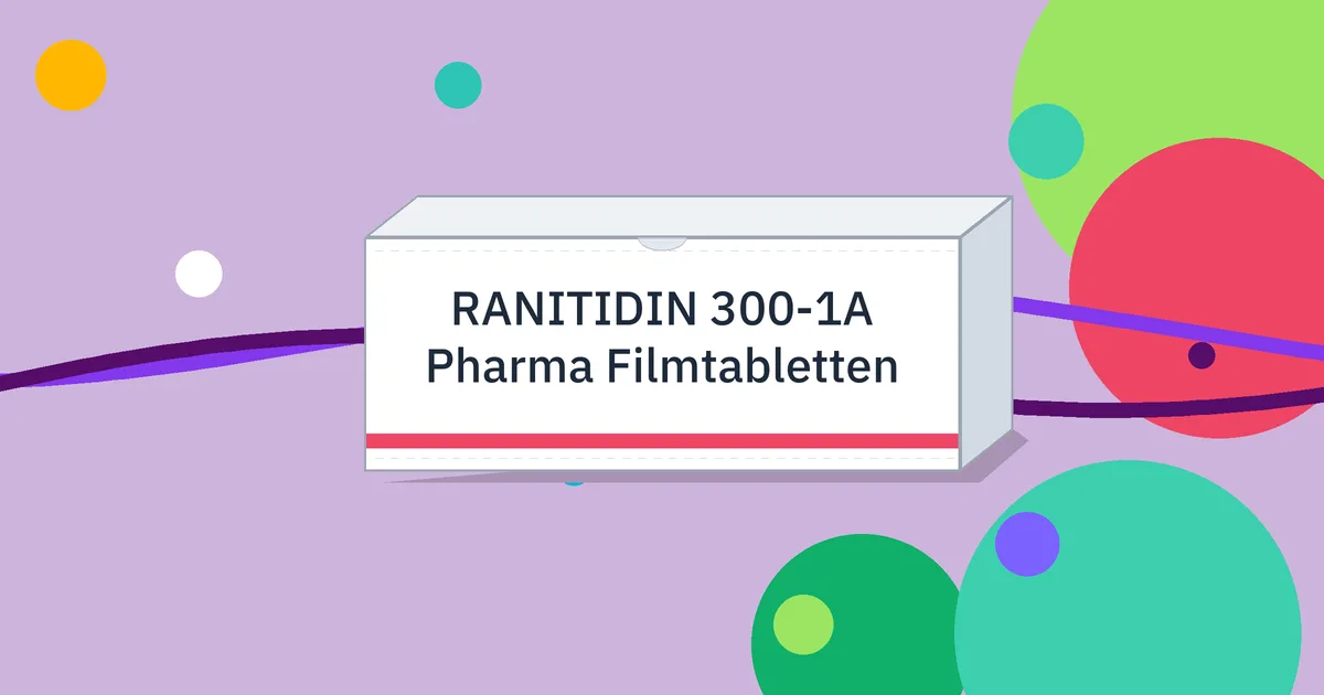 Symbolbild: Packung mit der Aufschrift RANITIDIN 300-1A Pharma Filmtabletten (PZN 08534014) – Verfügbarkeit und Bezug in Apotheken in Frankfurt am Main